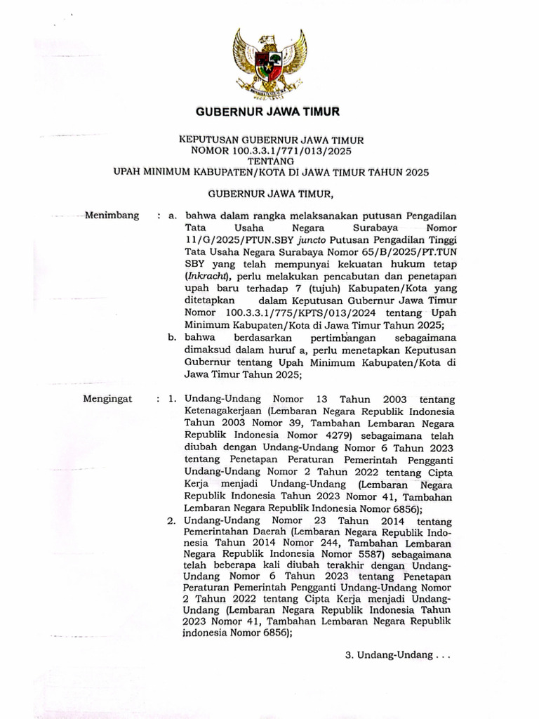 UMK Jawa Timur 2025: Keputusan Gubernur | PDF