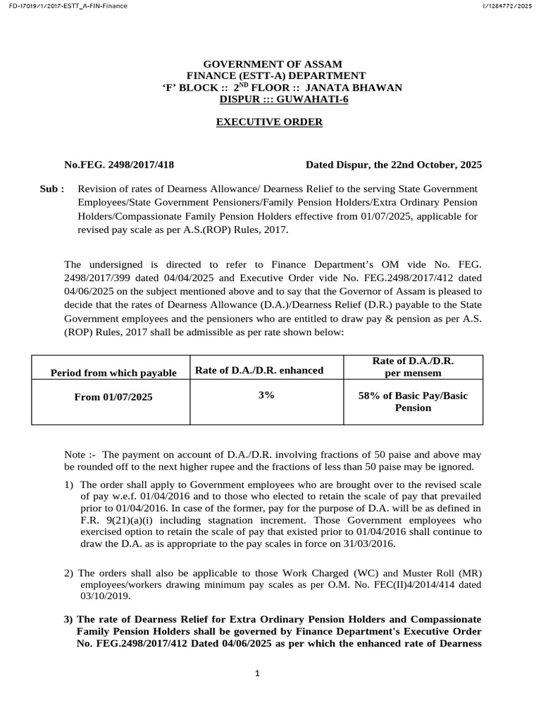 Assam 58% DA Order Effective 2025 | PDF | Pension | Employment Compensation