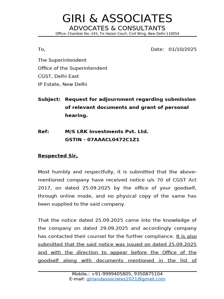 Request for Adjournment in CGST Case | PDF | Common Law | Justice