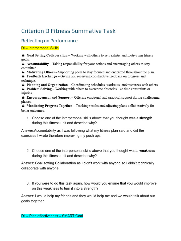 Fitness Reflection and Goal Evaluation | PDF