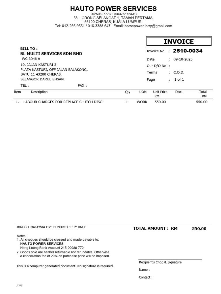 Invoice for Clutch Replacement Services | PDF