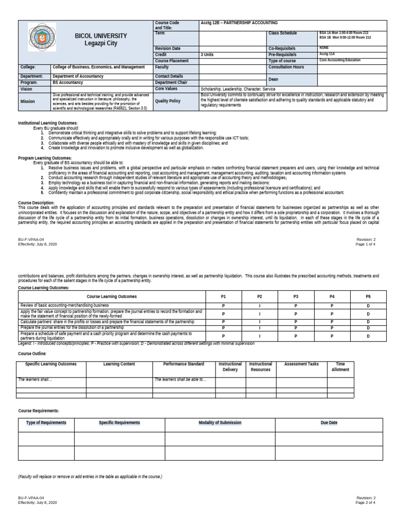 Template - Syllabus in Acctg 12b | PDF | Accounting | Academic Integrity