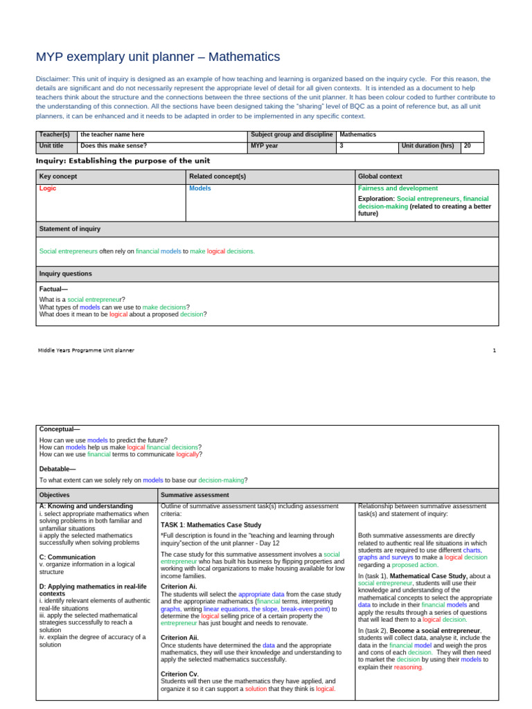 MYP Mathematics Unit Planner Example | PDF | Mathematics | Inquiry