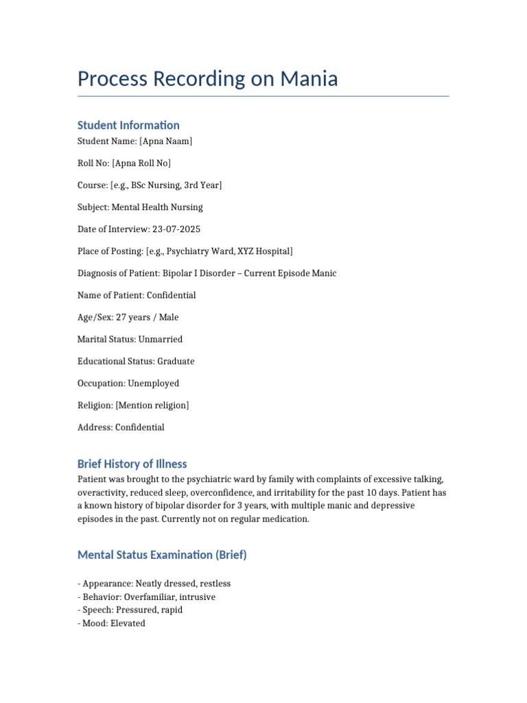 Process Recording: Managing Mania in Nursing | PDF | Mania | Bipolar ...