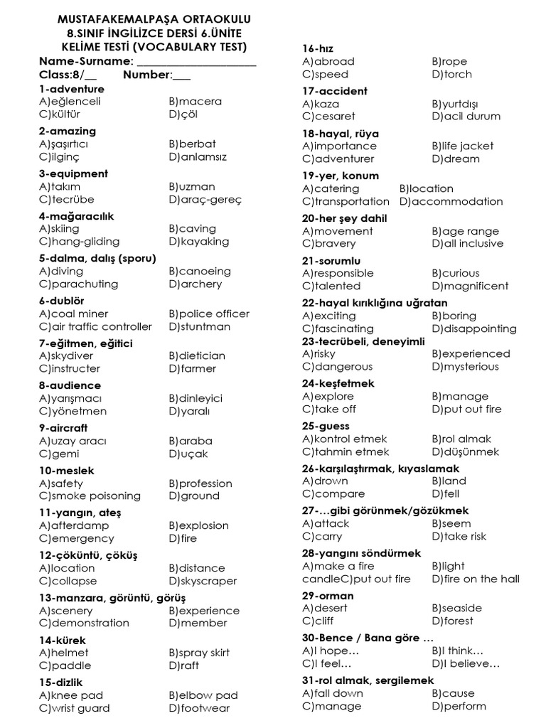 Vocabulary Test Unit 6 8th Grades | PDF