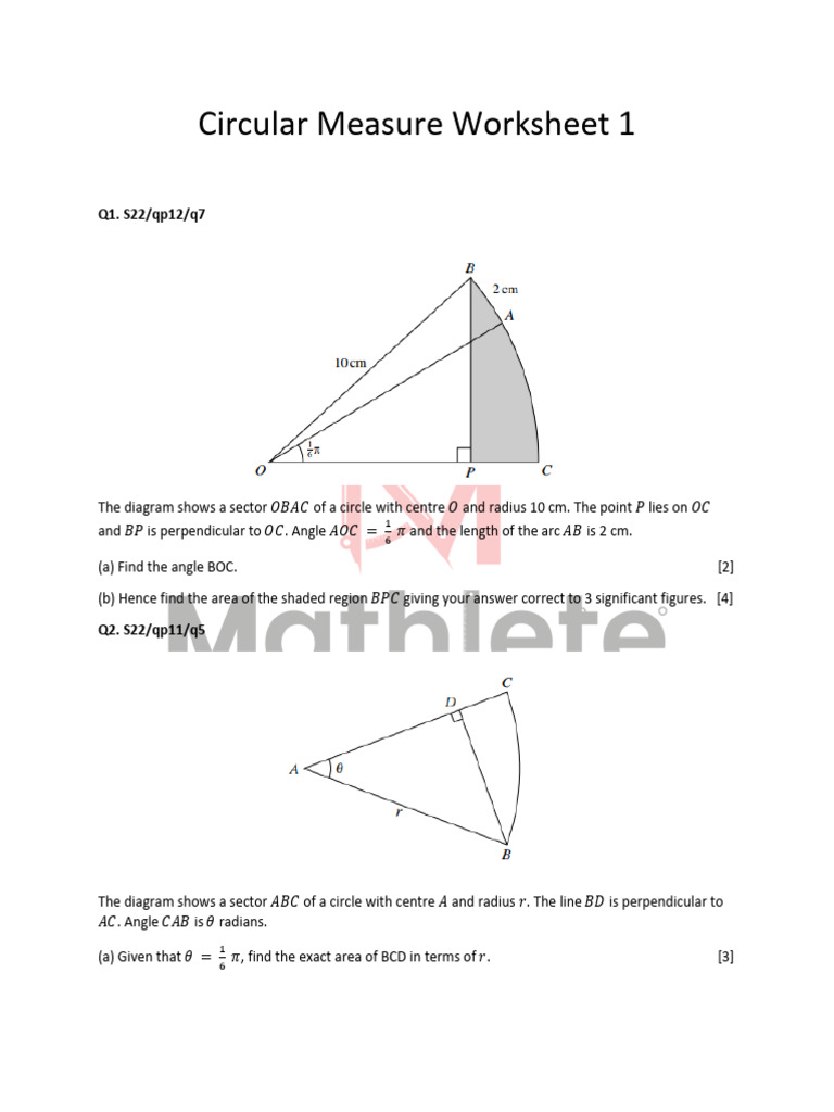 Circular Measure Worksheet Solutions | PDF | Circle | Angle