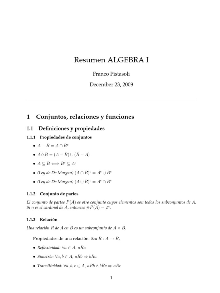 Resumen de Álgebra I | PDF | Raíz cuadrada | Conjunto (Matemáticas)