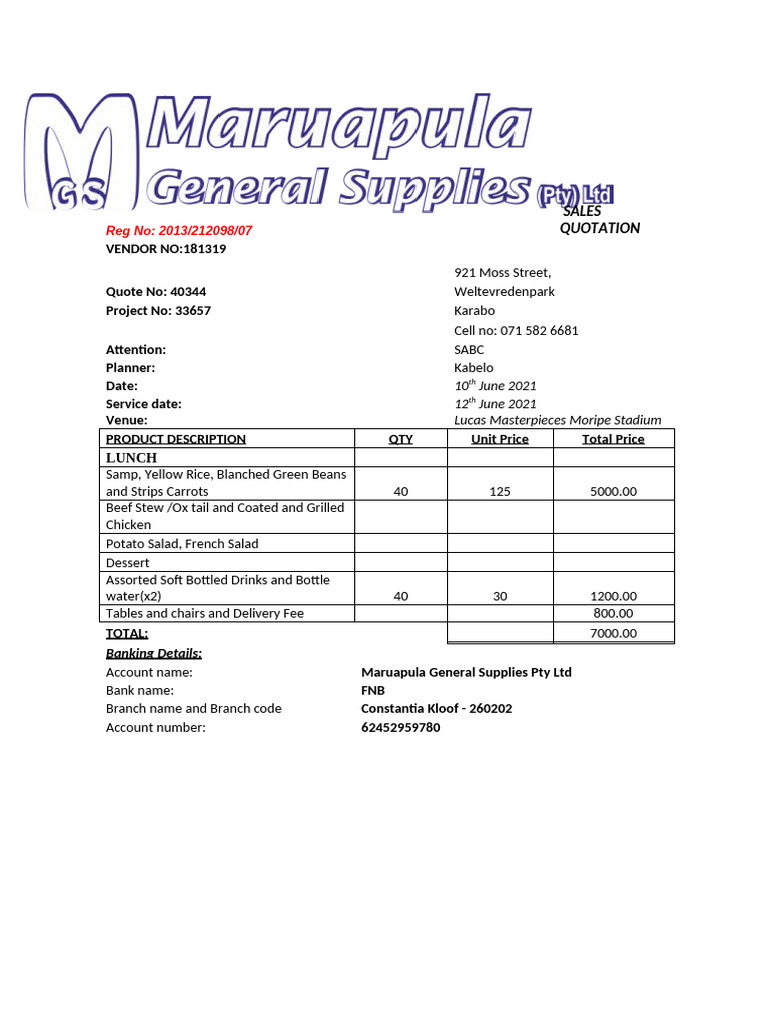 SABC Lucas Masterpieces Moripe Stadium 12th June 2021 Quote No 1091 | PDF