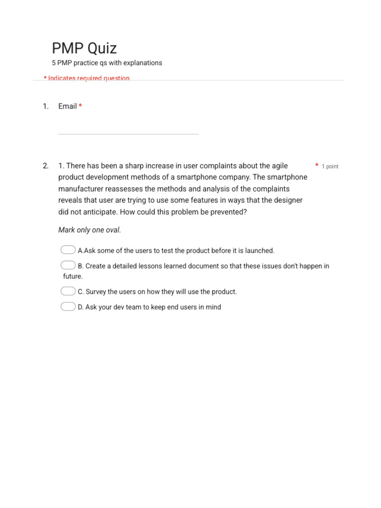 PMP Quiz 1 | PDF | Agile Software Development
