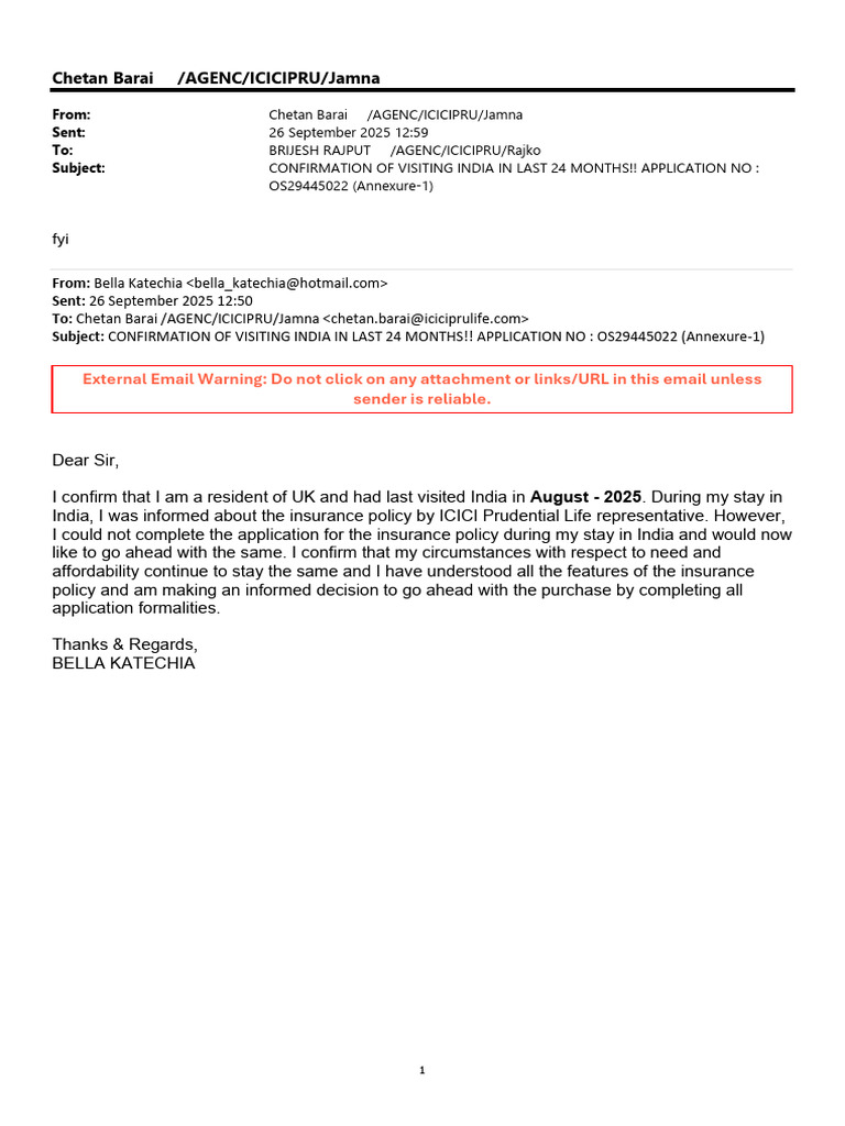 Confirmation of India Visit for Insurance Application | PDF