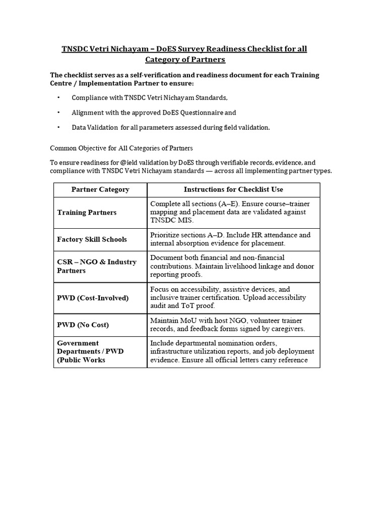 TNSDC DoES Survey Readiness Checklist For All Category of Partners 2 | PDF | Corporate Social ...