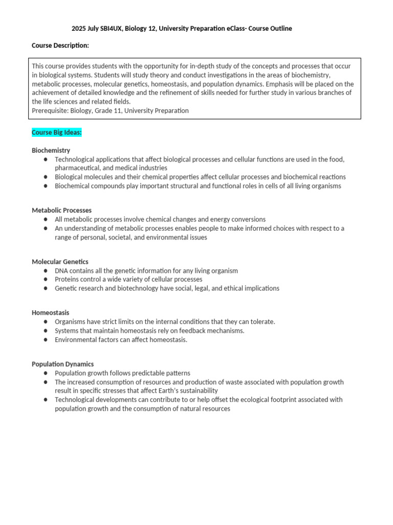 2025 Biology 12 Course Outline | PDF | Biology | Biochemistry