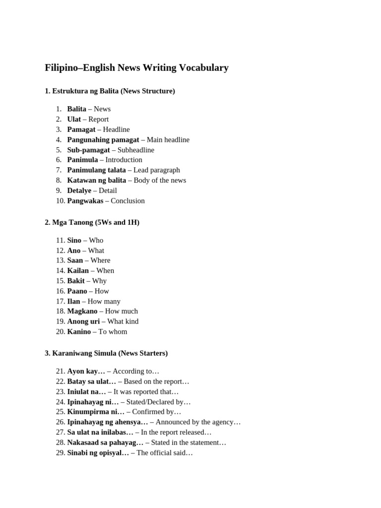 Filipino-English News Writing Terms | PDF