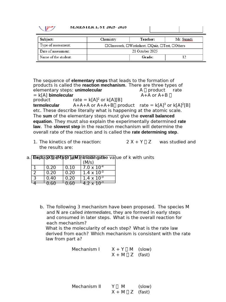 Reaction Mechanism Practice Worksheet | PDF | Reaction Rate | Physical ...