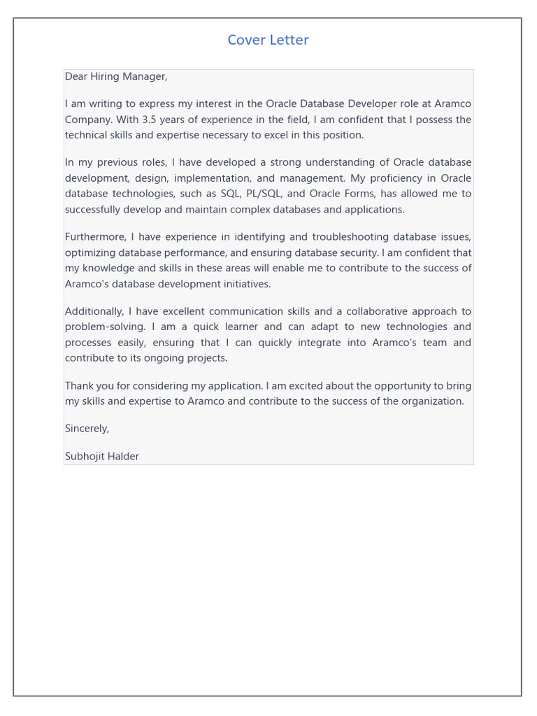 Oracle Database Developer Cover Letter | PDF
