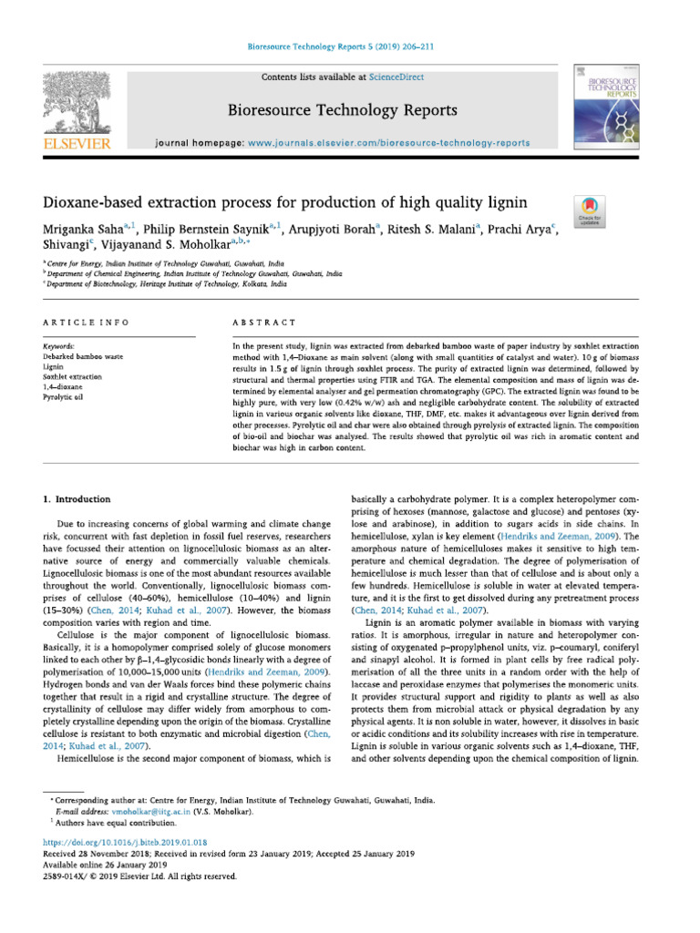 Dioxane-Based Extraction Process For Production of High Quality Lignin ...