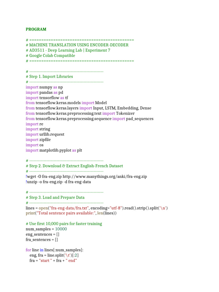DL Ex 7 Machine Translation Using Encoder-Decoder | PDF | Computing ...