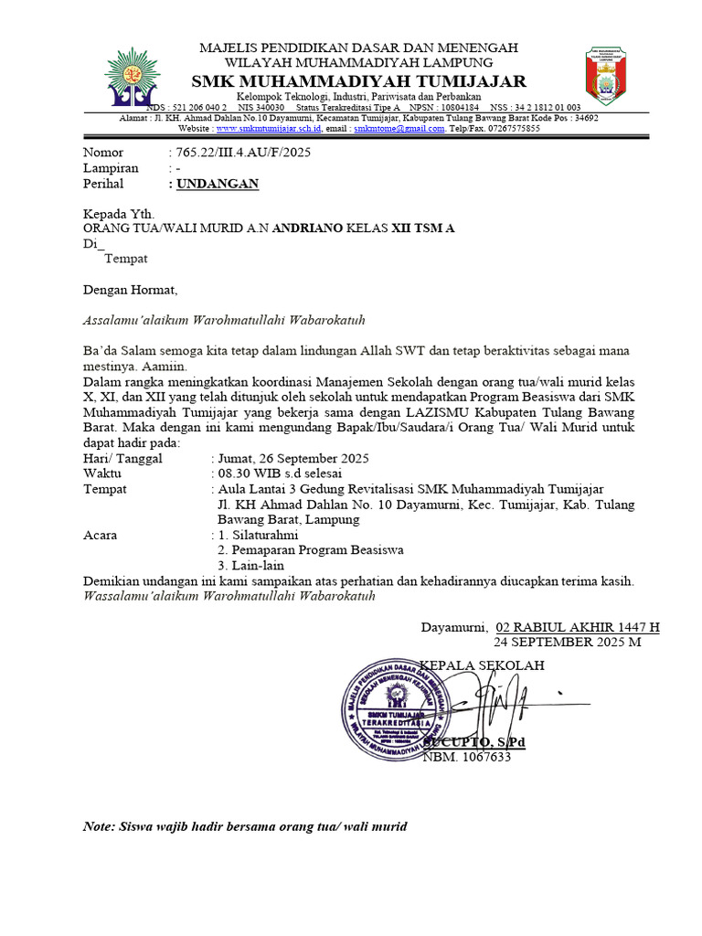 Undangan Wali Xii TSM A Andriano | PDF