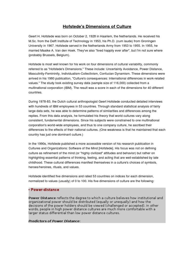 Hofstede's Dimensions of Culture: - Power-Distance | PDF ...