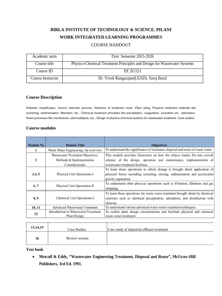 Ee Zg521course Handout | PDF | Sewage Treatment | Water Purification