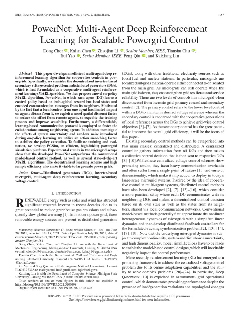 PowerNet: Multi-Agent Deep Reinforcement | PDF | Distributed Generation ...
