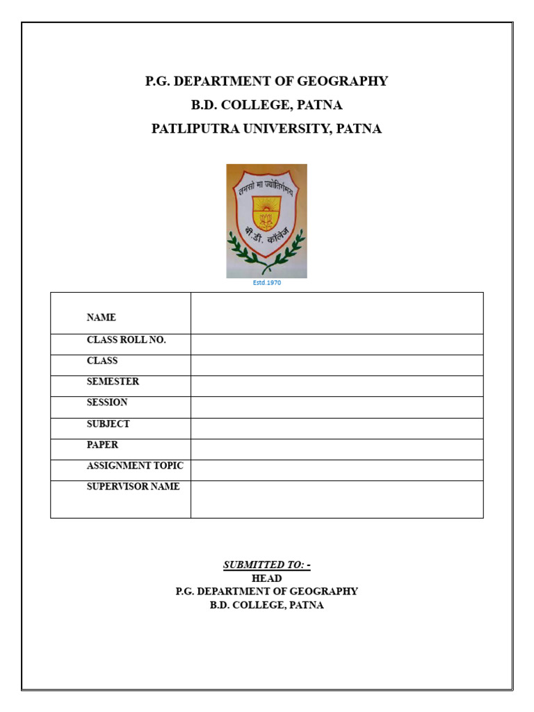 B.D. College Geography Assignment Front Page | PDF
