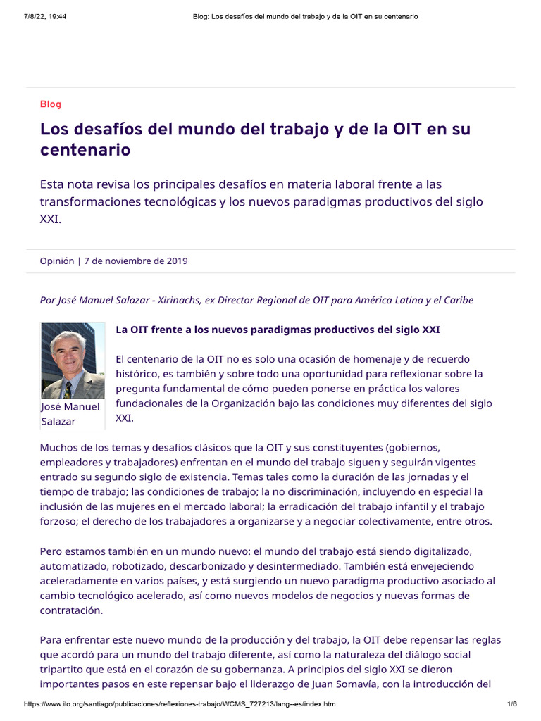 Blog - Los Desafíos Del Mundo Del Trabajo y de La OIT en Su Centenario ...