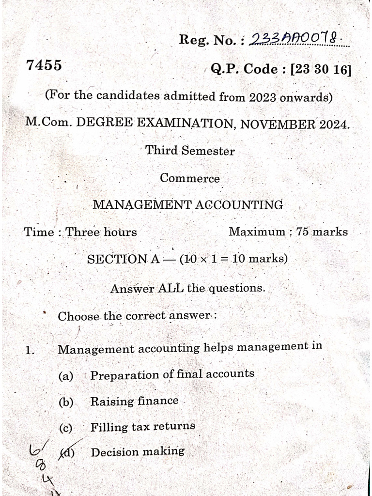 Management Accounting QP 2024 | PDF