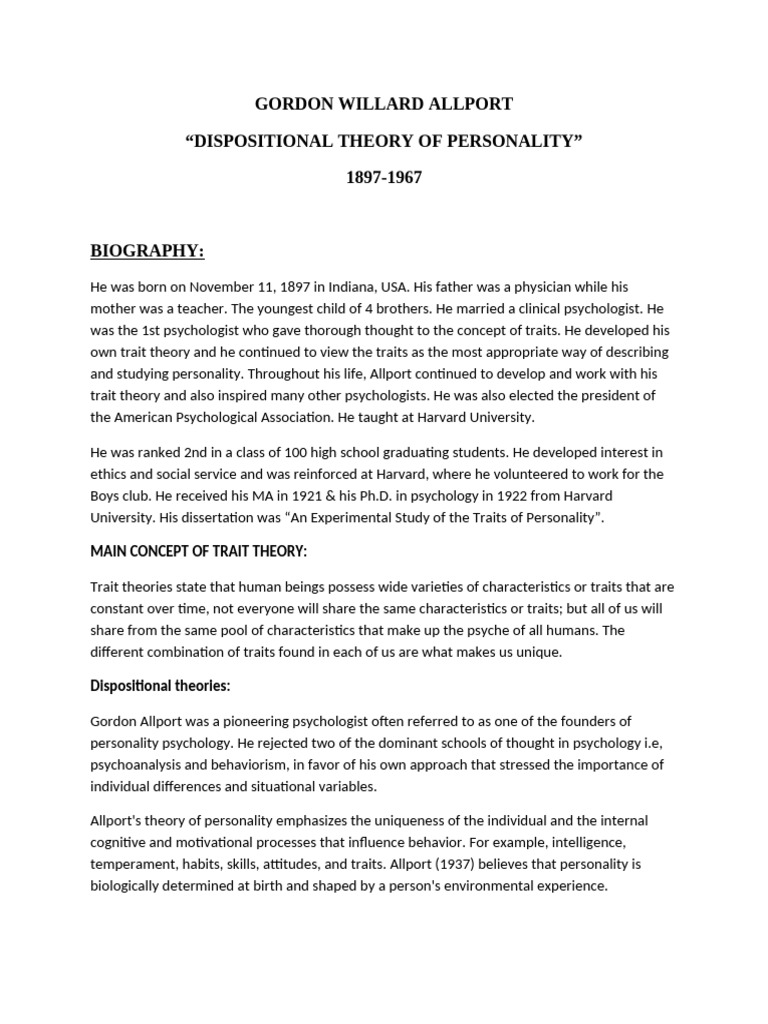 Allport's Dispositional Personality Theory | PDF | Psychology | Self ...