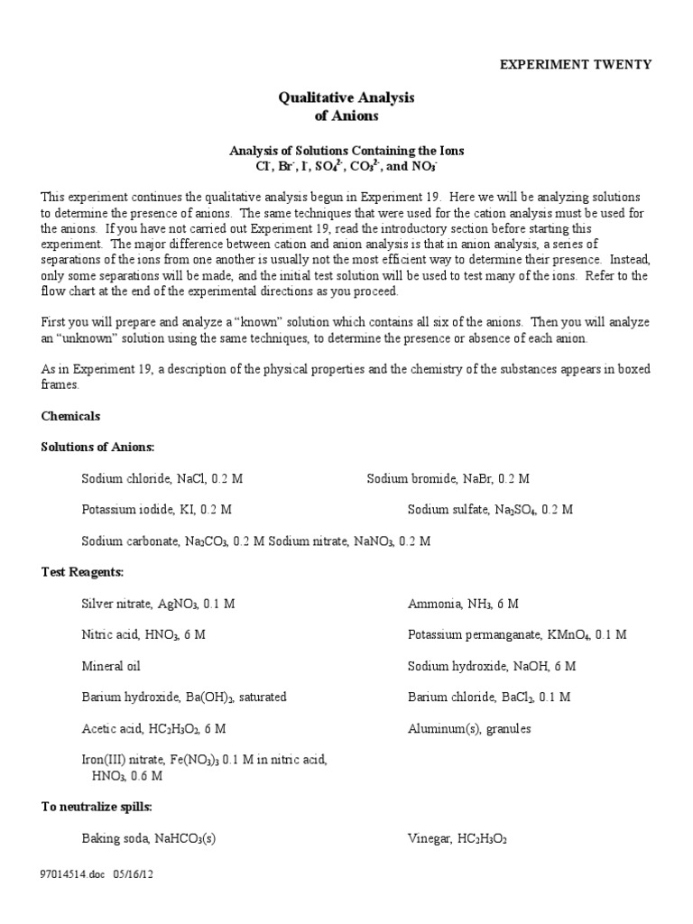 Qualitative Analysis of Anions: Experiment Twenty | PDF | Precipitation ...