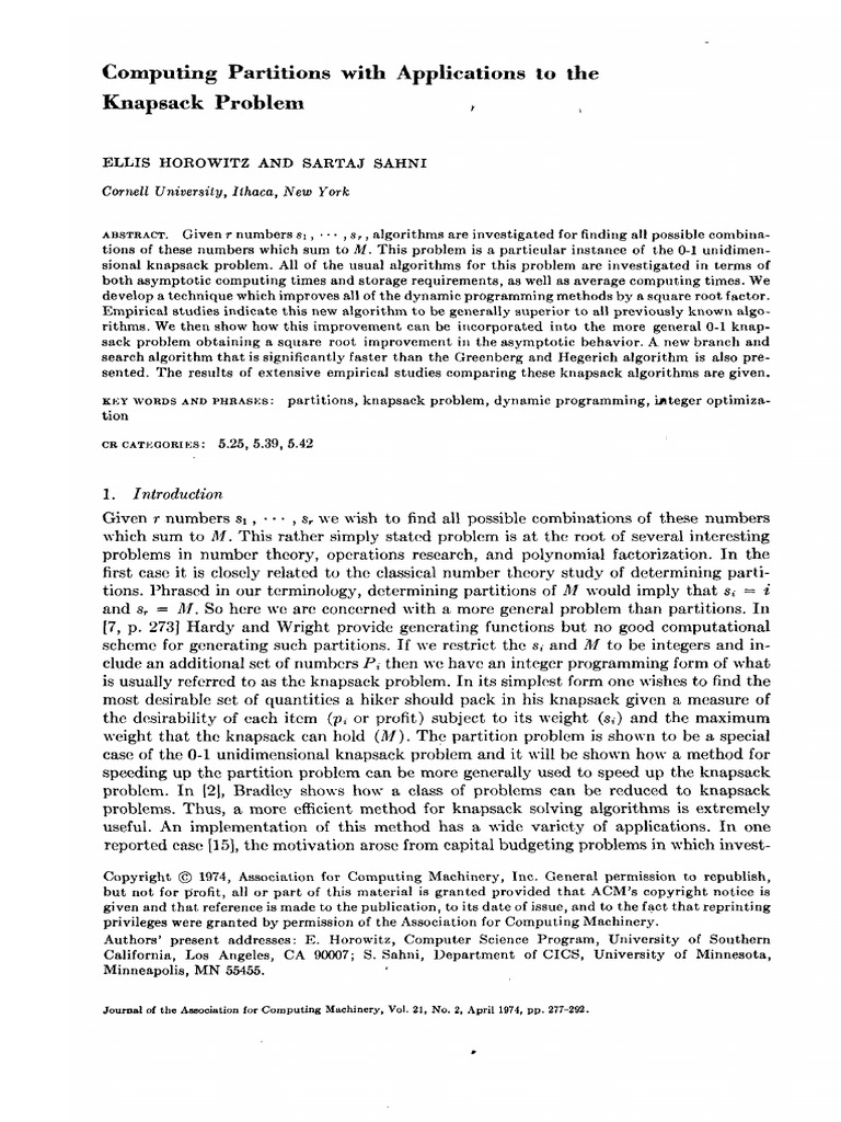Computing Partitions To The Knapsack Problem | PDF | Time Complexity | Computational Science