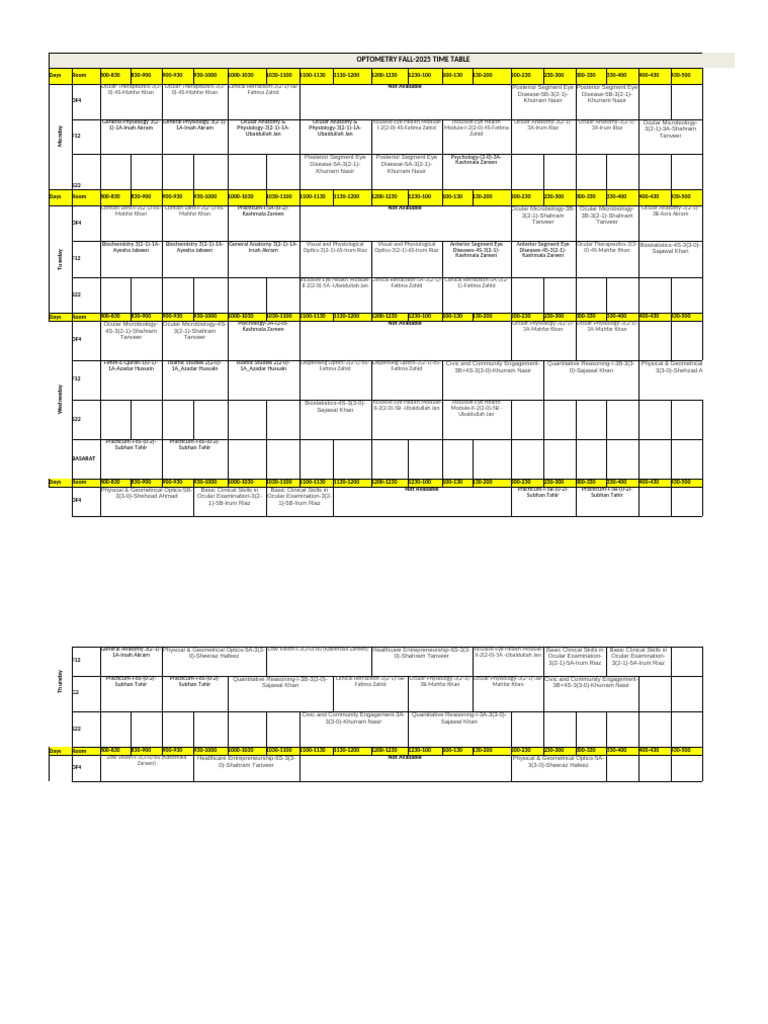 Time Table BSOP Fall 2025 - V-7 | PDF | Pathology | Optometry