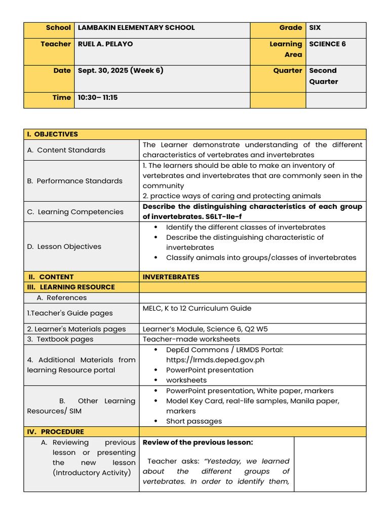 Cot Science 6 Q2 W6 Kra Table | PDF | Educational Assessment | Pedagogy