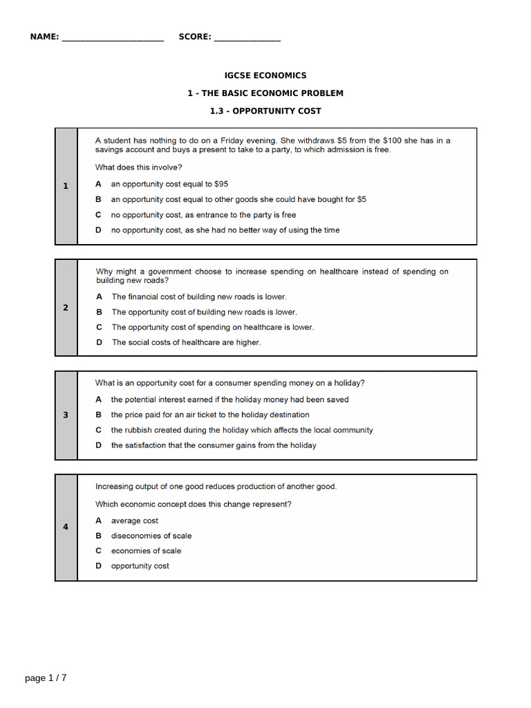 IGCSE Economics - 1.3 - Opportunity Cost-QP | PDF