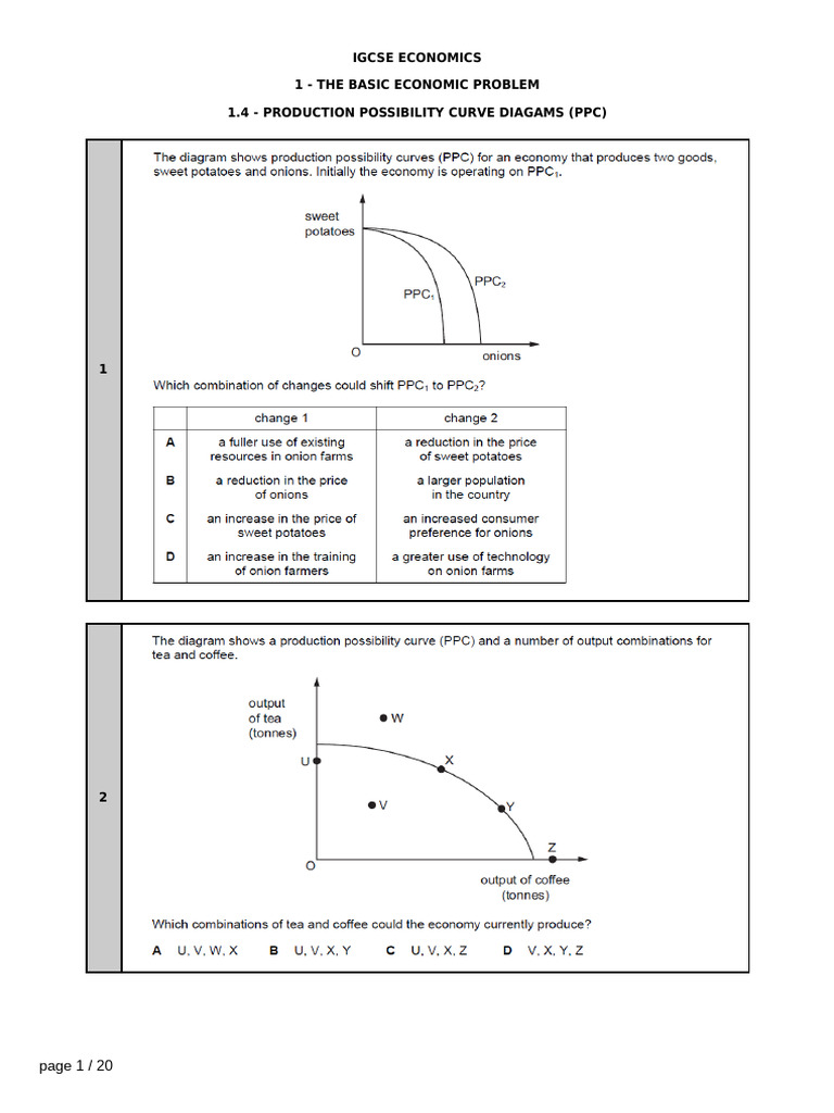 IGCSE Economics - 1.4 - Production Possibility Curve Diagams (PPC) | PDF
