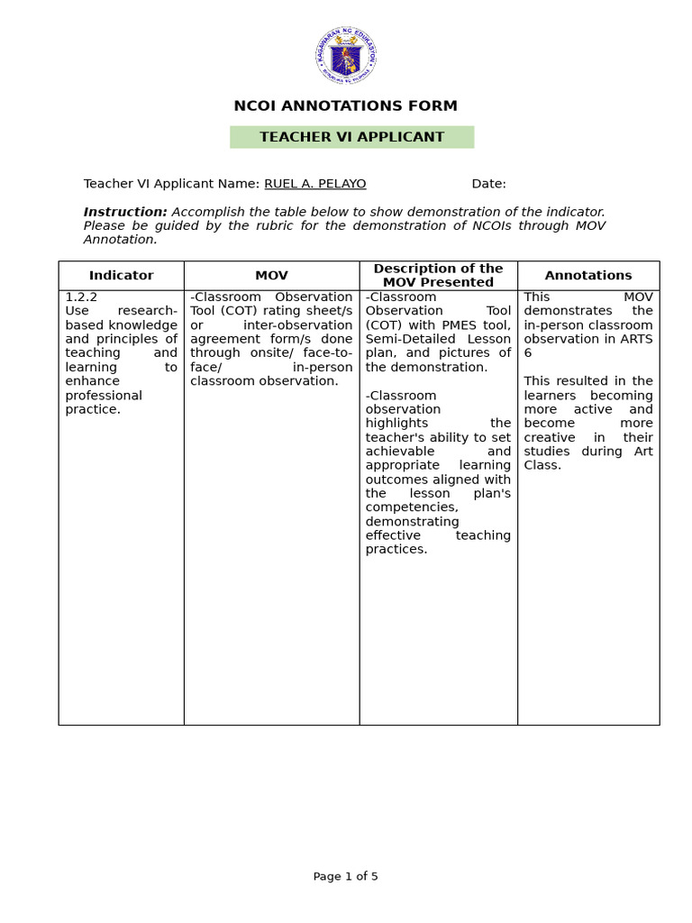 Teacher VI-NCOI Annotations Form | PDF | Teachers | Learning