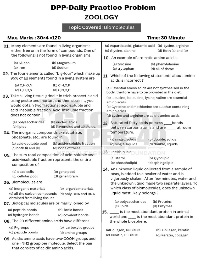 DPP Zoology Set 3 Biomolecules | PDF | Enzyme Inhibitor | Amino Acid