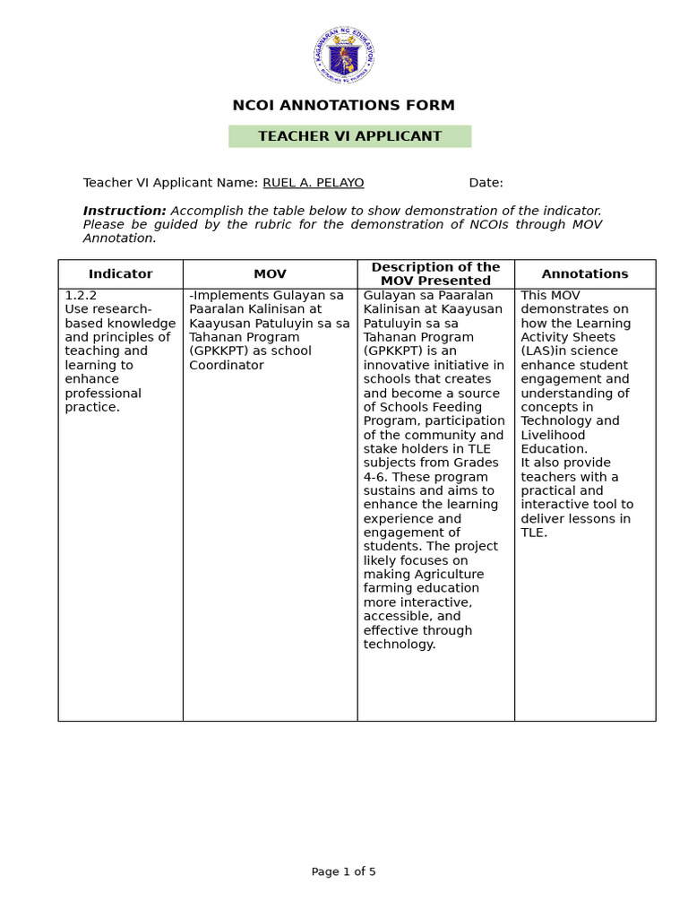 2024-2025-NCOI Annotations Form | PDF | Learning | Lesson Plan