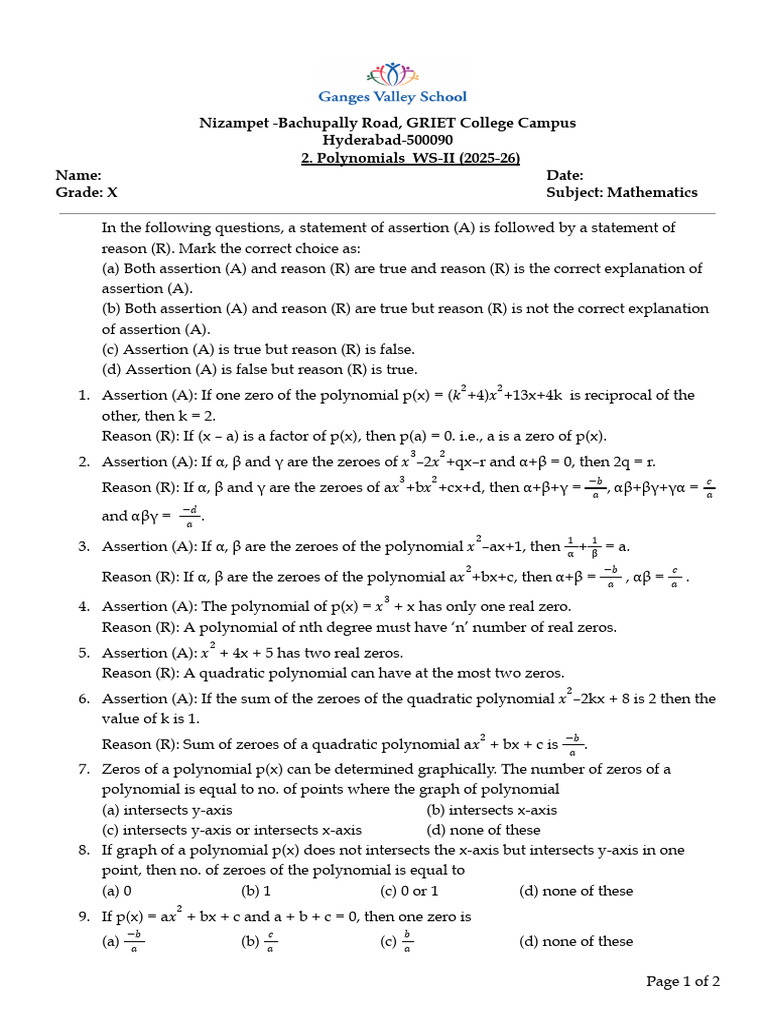 Ch-2 Polynomials Worksheet - II | PDF | Zero Of A Function | Polynomial