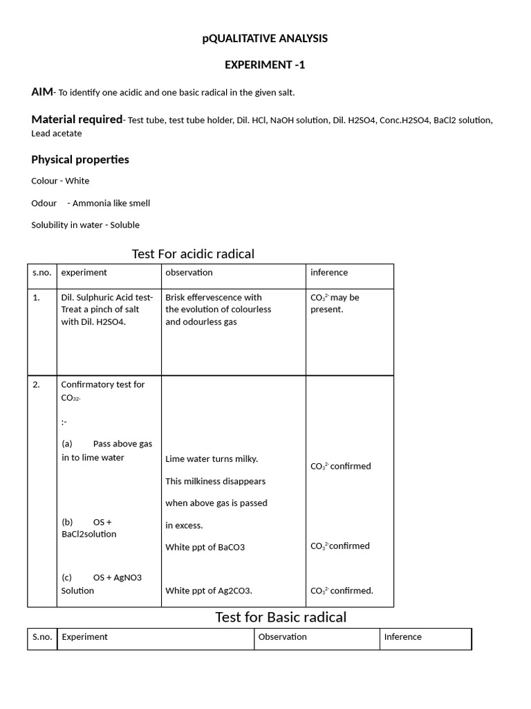 Qualitative Analysis | PDF | Salt (Chemistry) | Acid