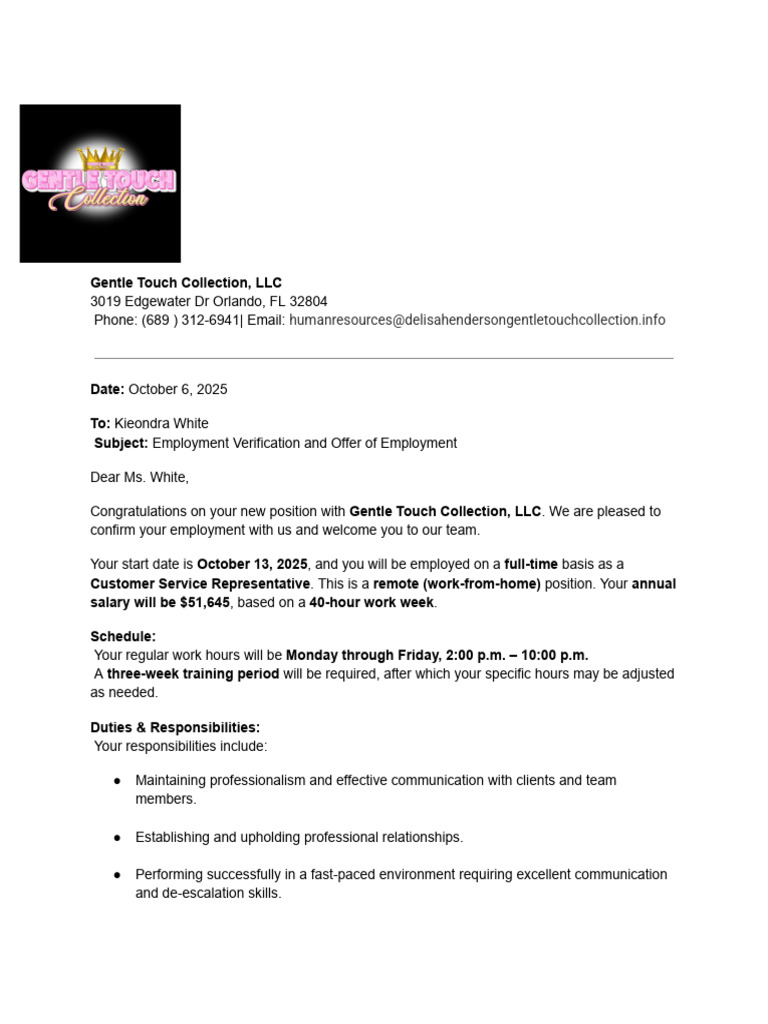 Subject - Employment Verification and Offer of Employment - Kieondra ...