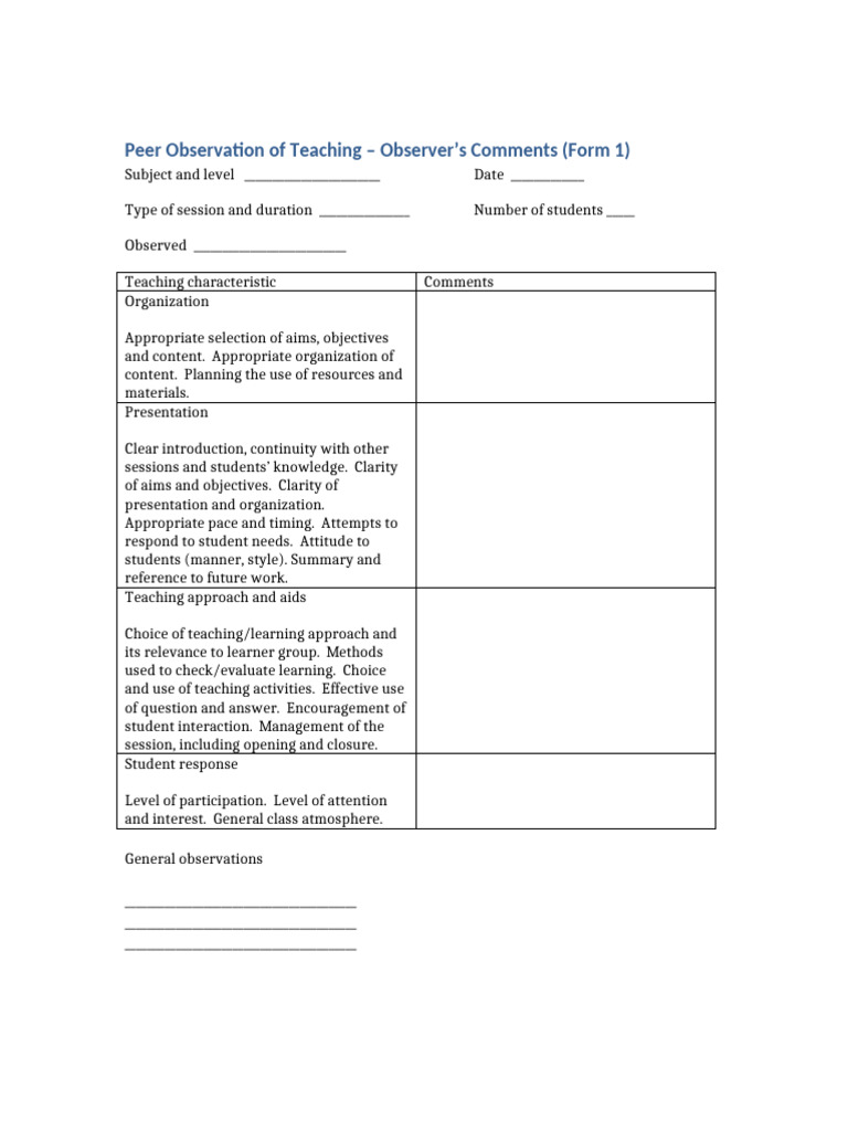 Exact Peer Observation Form1 | PDF