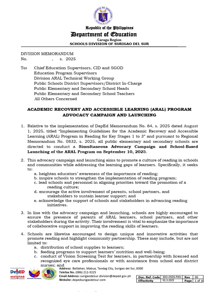 MEMO Conduct School Based Launching of ARAL | PDF | Learning