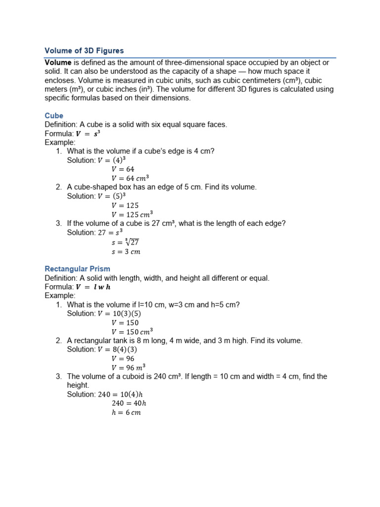 Volume Formulas for 3D Shapes | PDF | Volume | Length