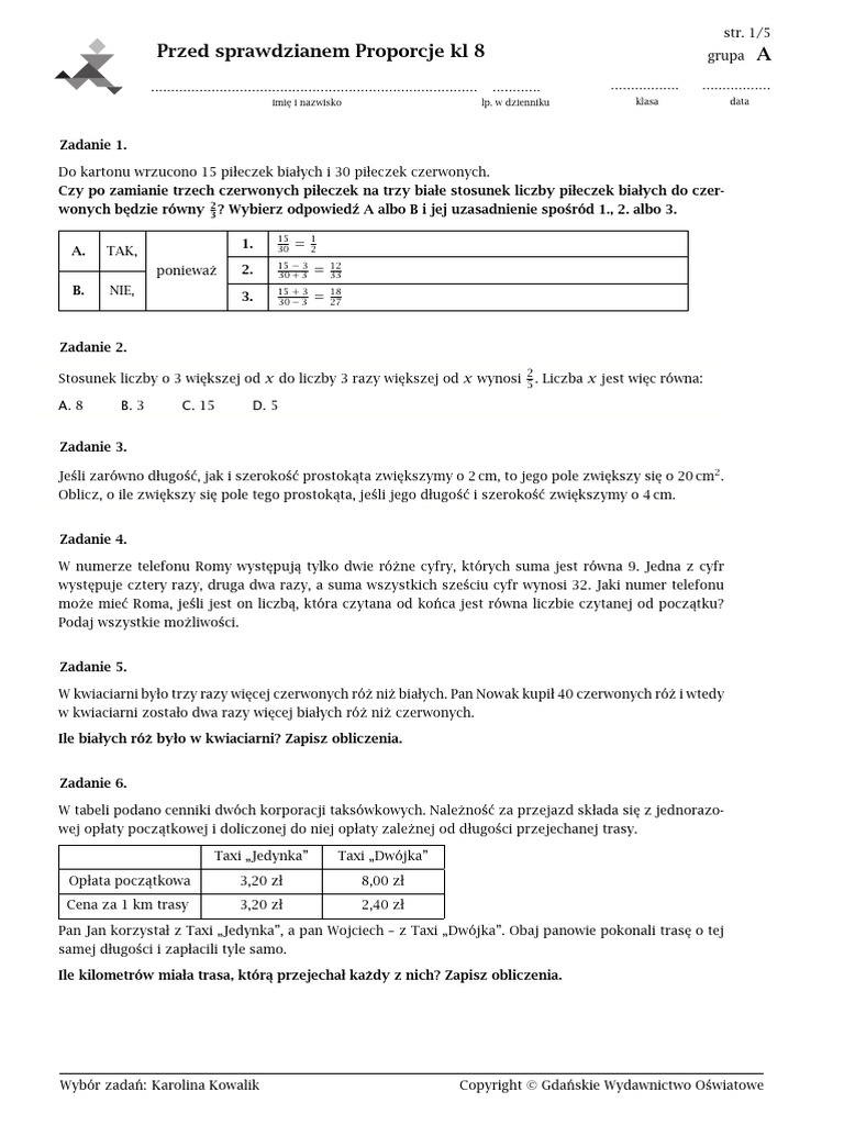 Proporcje Sprawdzian Powtórka Kl.8 | PDF