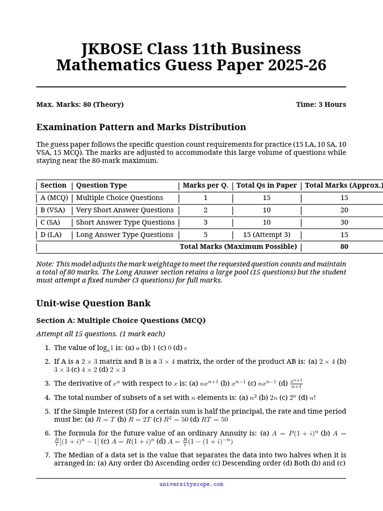 JKBOSE Class 11 Business Math Guess Paper | PDF | Logarithm | Matrix ...
