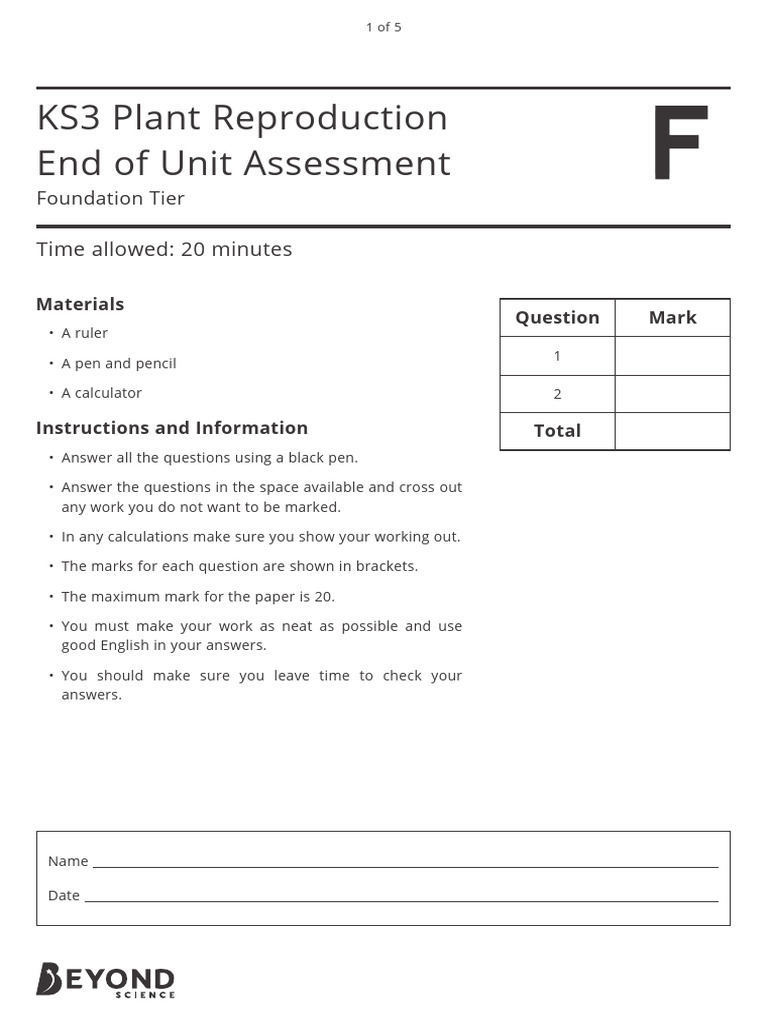 KS3 Plant Reproduction Assessment Guide | PDF | Organisms | Branches Of ...