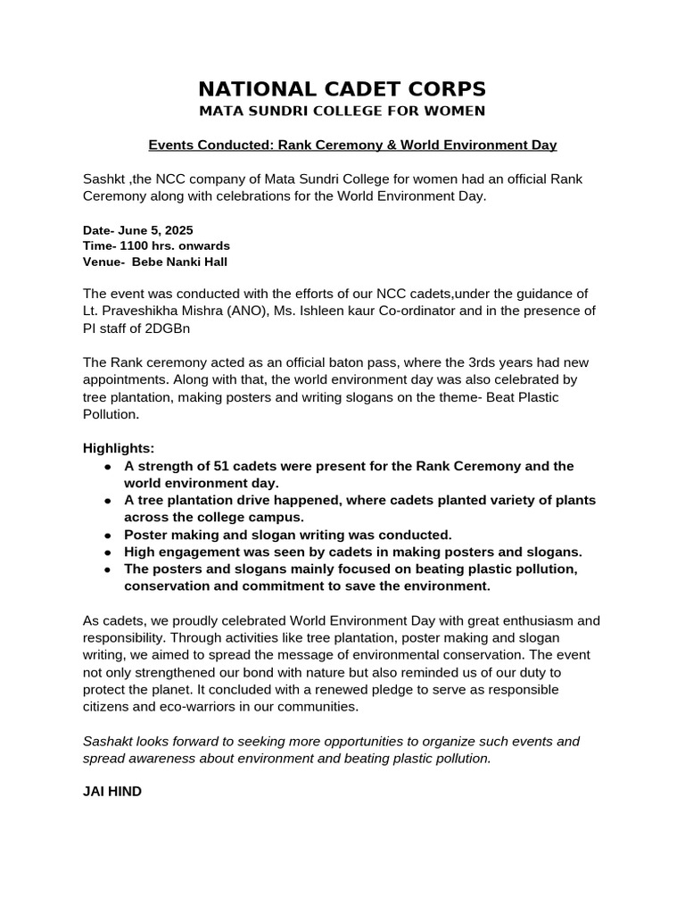 Rank Ceremony and World Environment Day Report | PDF