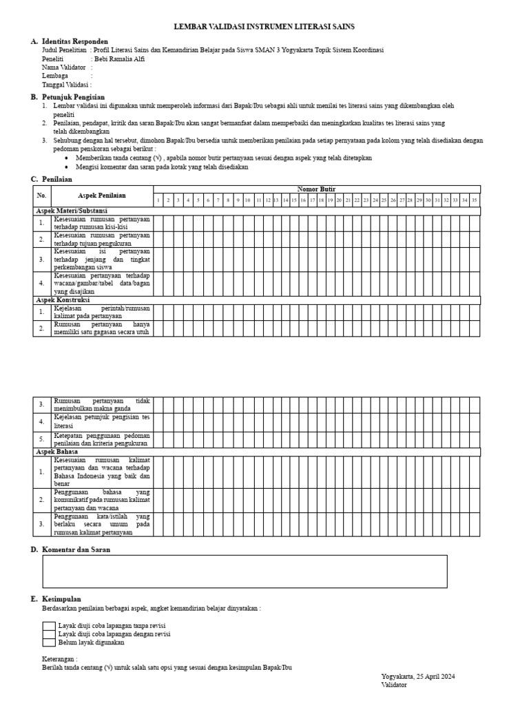 Lembar Validasi Instrumen Literasi Sains (Validasi Konstruktif) | PDF