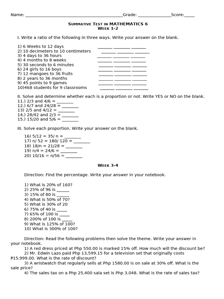 Mathematics 6 Summative Test Guide | PDF | Mathematics